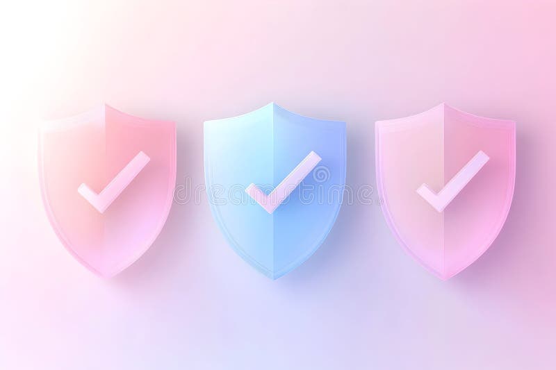 Three Gradient Shields with Checkmarks on Pastel Background Stock ...