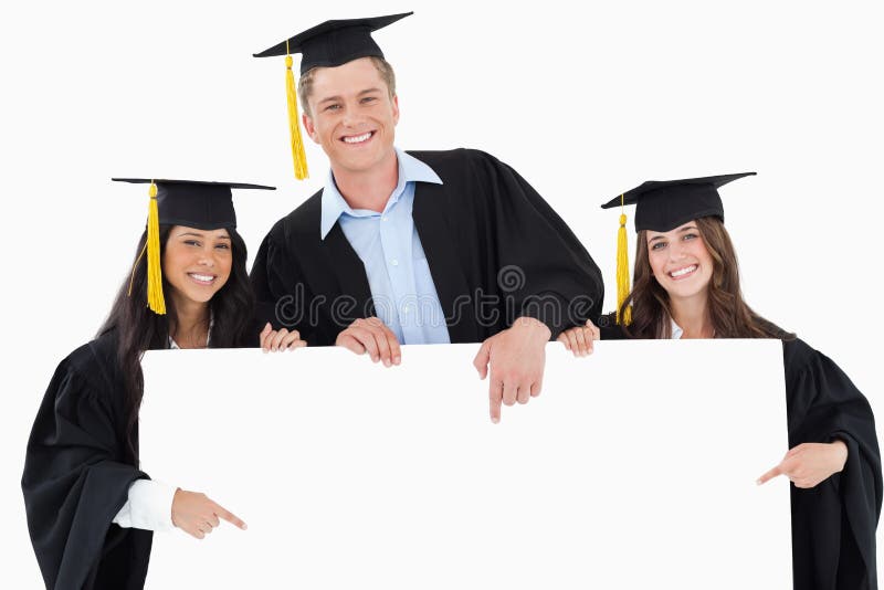 Three Graduates Pointing To the Blank Sign Stock Image - Image of short ...