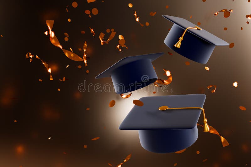 Three Graduation Caps in Gold Confetti Stock Illustration ...