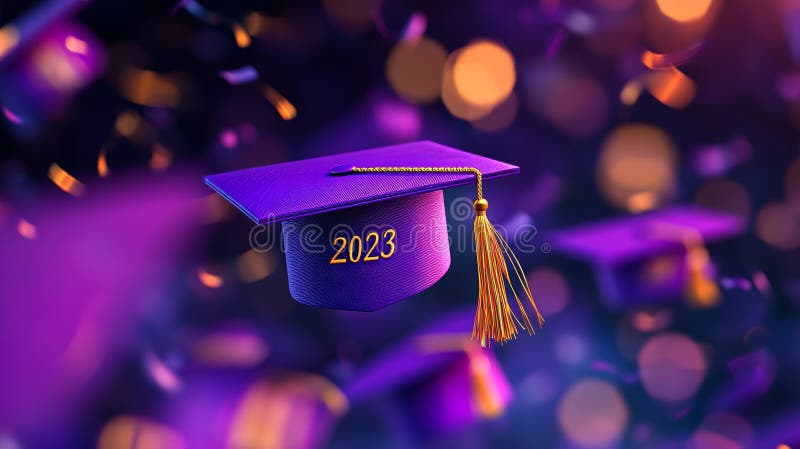 Three Graduation Caps in Purple with Yellow Tassels are Hanging from ...
