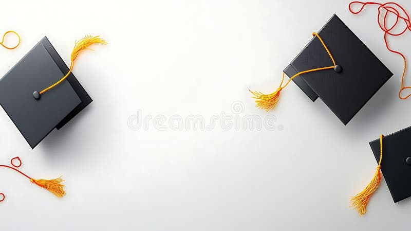 Three Graduation Caps with Yellow Tassels on White Background Stock ...