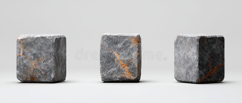 Three Gray Cubes with Orange Veins, Arranged in a Row. Stock Photo ...