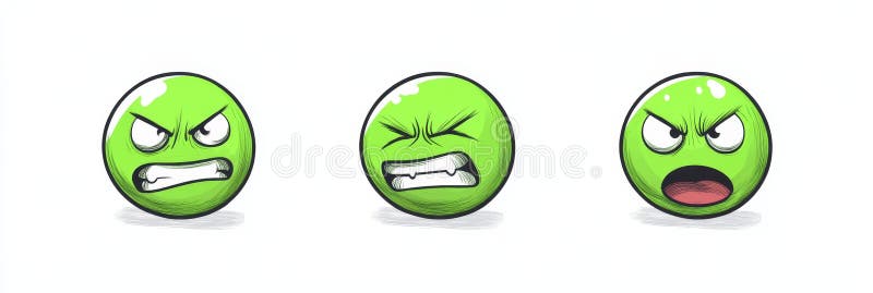 Set of Three Green Angry Emoticons on a White Background in Doodle ...