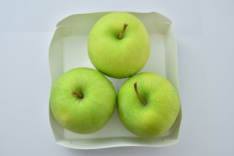 Three Green Apples in a Cardboard Box Stock Image - Image of vitamin ...