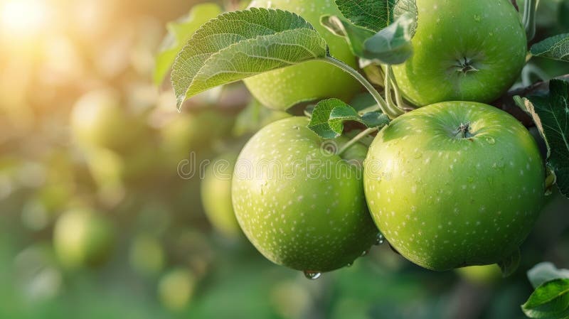 Three Green Apples Hang Tree Leaves Stock Image - Image of outdoor ...