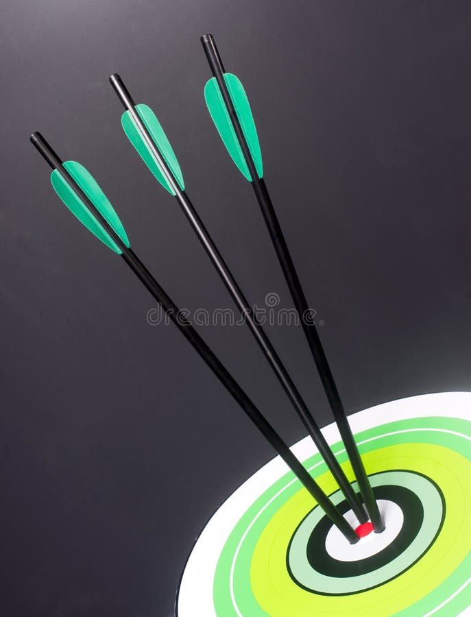 Three Green Black Archery Arrows Hit Round Target Bullseye Center Stock ...