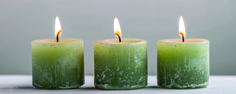 Three Green Candles Burning in a Row, Calm and Peaceful Ambiance Stock ...