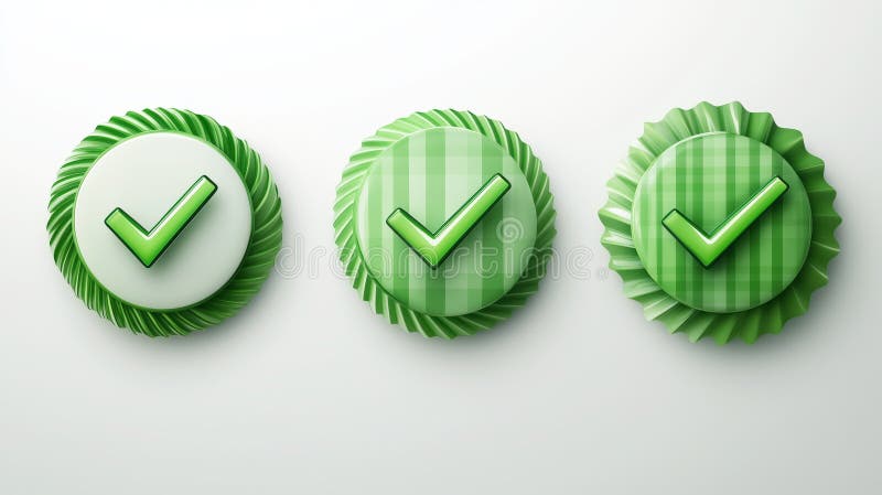 Three Green Check Marks on White and Green Badges with a Minimalistic ...