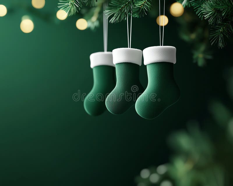Three Green Christmas Stockings Hanging on a Pine Tree with Festive ...