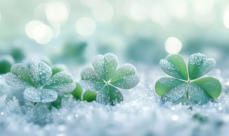 Three Green Clovers are on Top of a Snowy Ground Stock Image - Image of ...