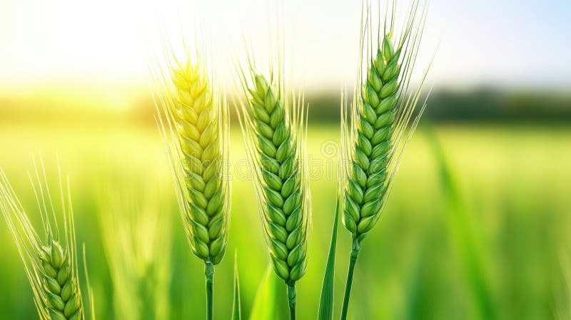 Three Green Ears of Wheat are Shown in a Field, AI Stock Photo - Image ...