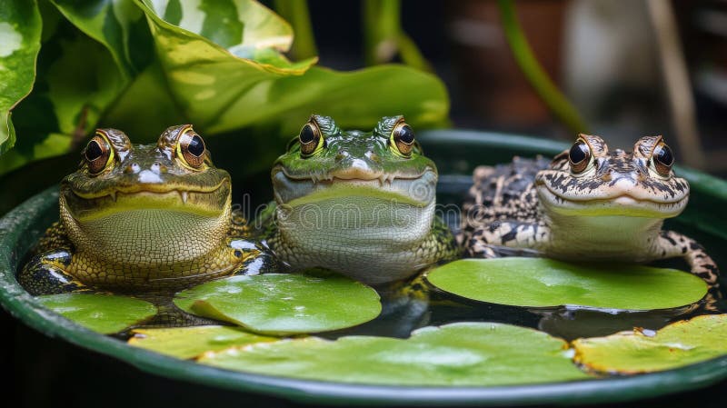 Three Green Frogs on Lily Pads in a Pond Stock Illustration ...