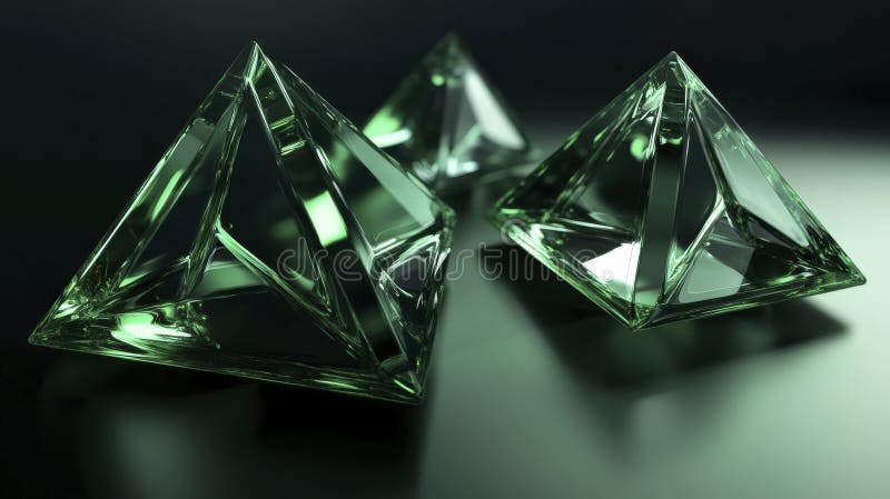Three Green Glass Pyramids on Dark Reflective Surface Stock ...