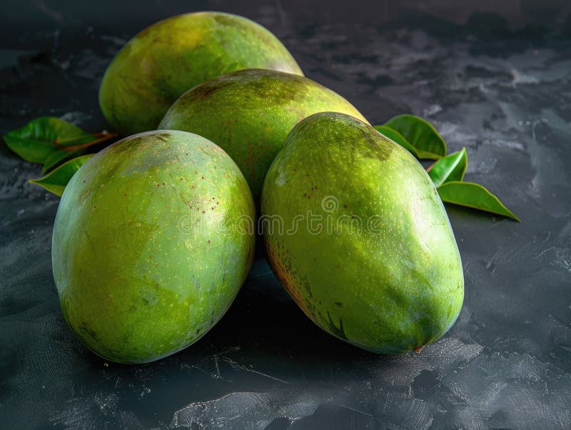 Three Green Mangoes on a Black Surface Stock Photo - Image of delicious ...