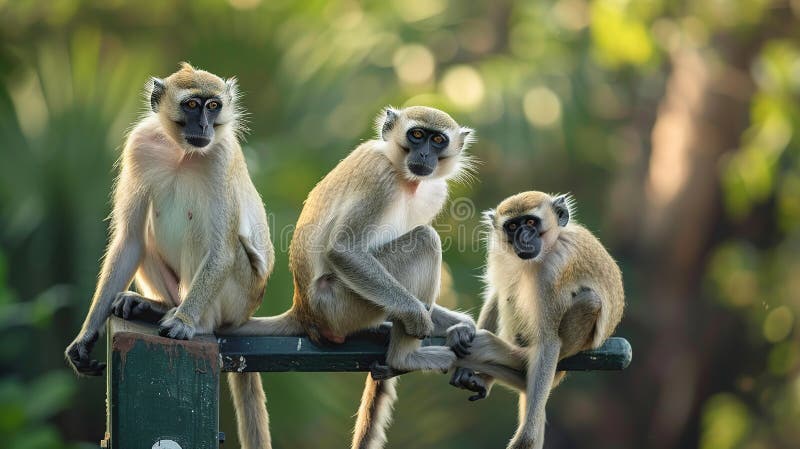 Three Green Monkeys Sitting on a Railing Stock Illustration ...