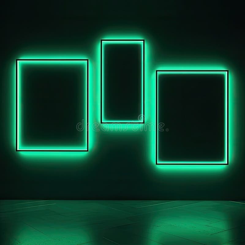 Three Green Neon Light Frames with Black Empty Blank Space for Mockup ...