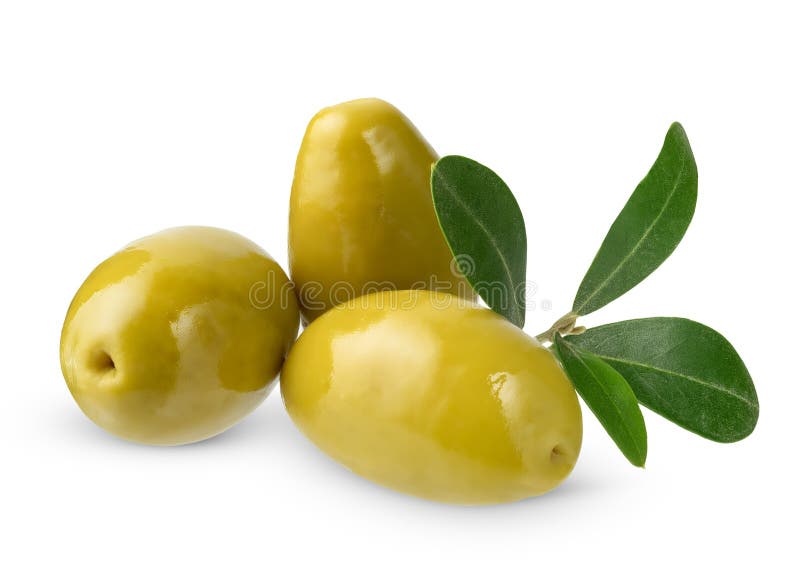 Three Green Olives with Leaves Isolated on White Background with ...