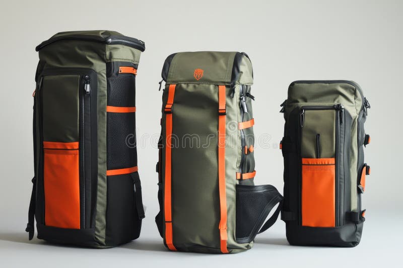 Three Green and Orange Backpacks with Black Accents Stock Illustration ...