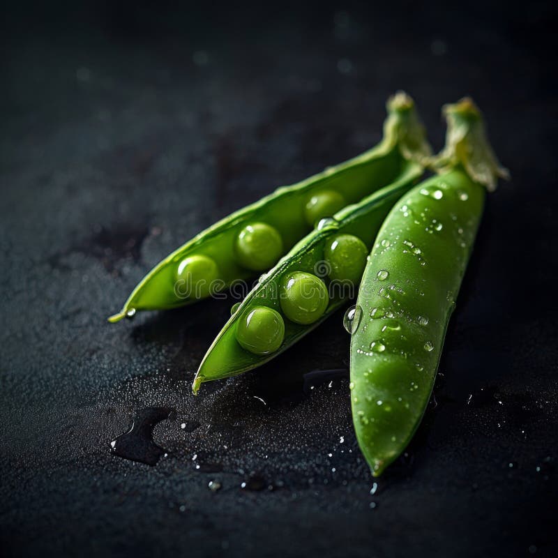 Three Green Pea Pods with Water Droplets on a Black Surface Stock ...