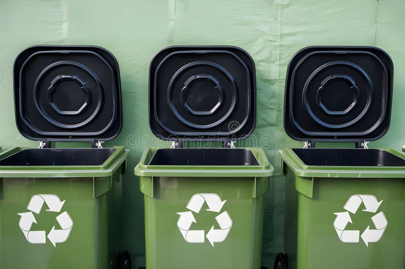 Three Green Recycling Bins with Open Lids, Light Green Backdrop ...