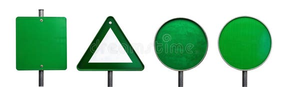 Green Road Signs in Square, Round, and Triangle Shapes, Isolated on a ...