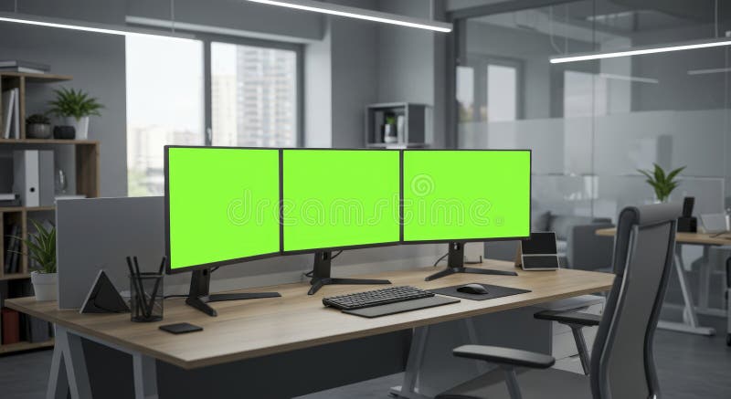 Three Green Screen Monitors on Office Desk Ready for Content Creation ...