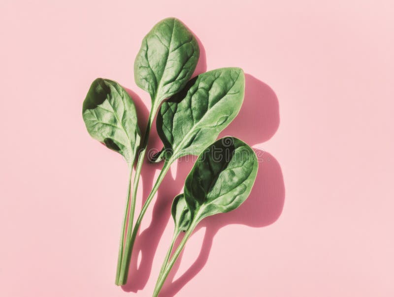 Three Green Spinach Leaves on a Pink Background Stock Illustration ...