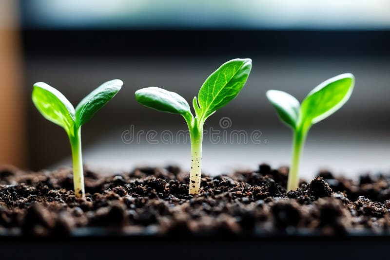 Three Green Sprouts Emerging from Soil in Bright Sunlight Stock Photo ...