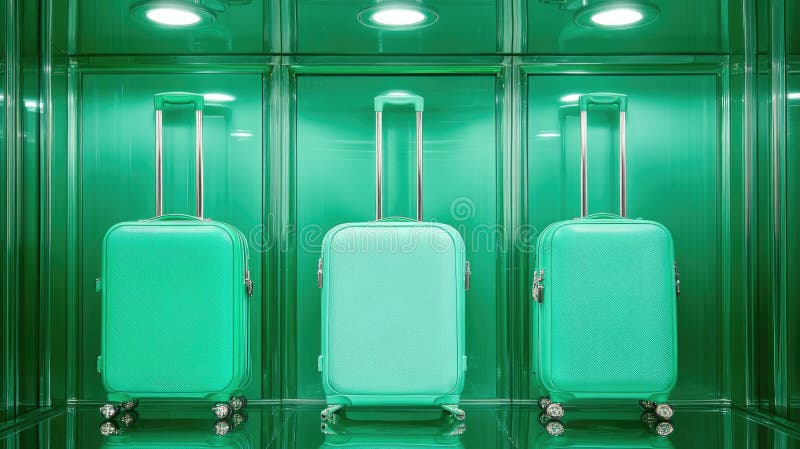 Three Green Suitcases in Modern Display Case with Bright Lighting Stock ...