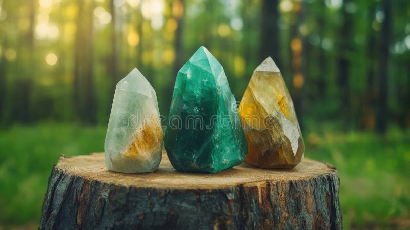 Three Green and Yellow Crystals Sitting on a Stump in the Forest, AI Stock Photo - Image of ...