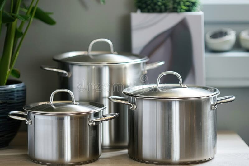 Three Grey Large Stainless Steel Pots Different Size with Closed Lids ...