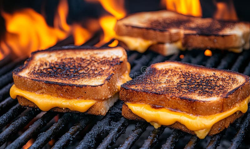 Three Grilled Cheese Sandwiches are Cooking Over an Open Flame on a ...