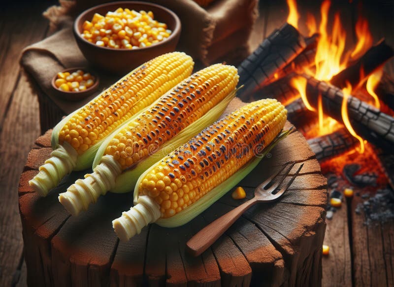 Three Grilled Corn Cobs on a Tree Stump Near a Campfire Stock ...