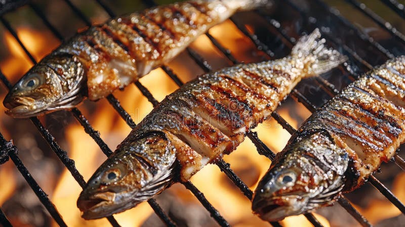Three Grilled Fish Cooking on a Barbecue Grill Over Flames Stock Photo ...
