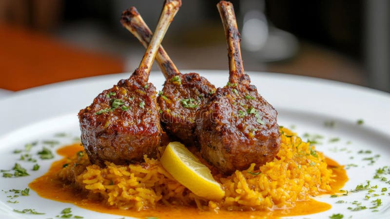 Three Grilled Lamb Chops on Yellow Rice with Lemon Stock Illustration ...