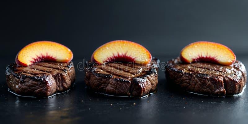 Three Grilled Steaks with Peach Garnish on Dark Background. Stock Photo ...