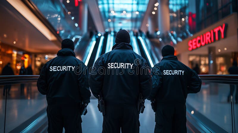 Three Security Guards Standing in a Mall with Escalators Behind Them ...