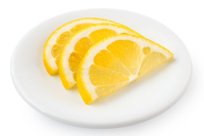 Three Half Slices of Fresh Lemon on White Plate Stock Image - Image of ...