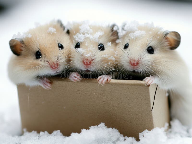 Three Hamsters are in a Cardboard Box with Snow on the Ground Stock ...