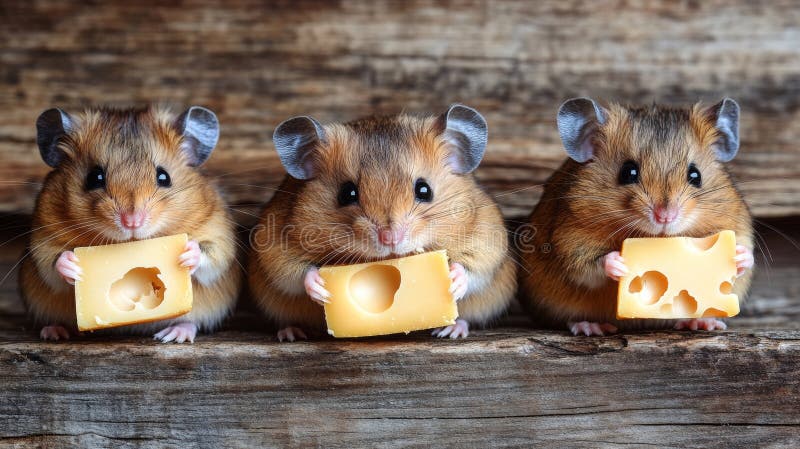 Three Hamsters, Driven by Curiosity, Congregate Around a Cheese Stack ...