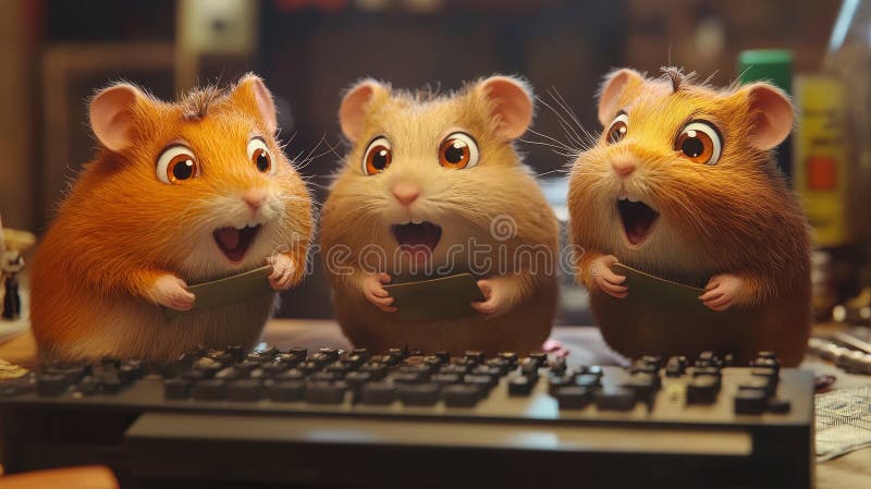 Three Hamsters Surprised at Computer Screen in Cozy Setting Stock ...