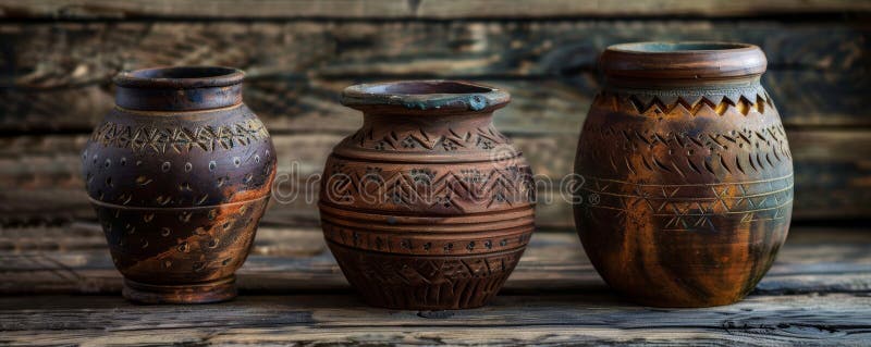 Three Hand-crafted Clay Pots with Intricate Patterns on Wooden ...