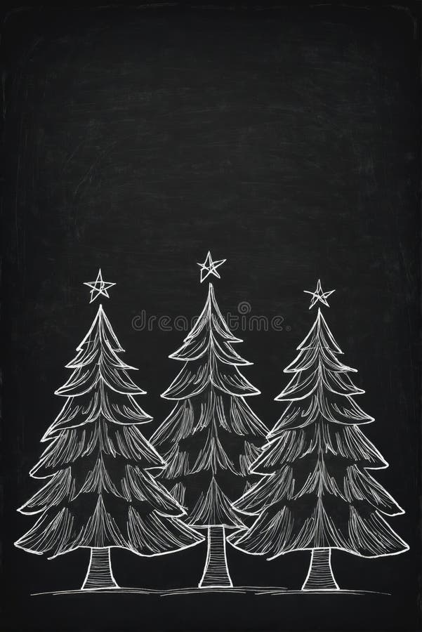 Chalk Drawing of Three Christmas Trees on a Black Background Stock ...