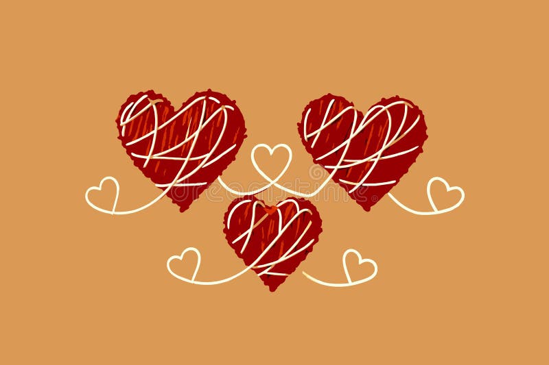 Three Hand-drawn Red Hearts Connected by White Thread Stock ...
