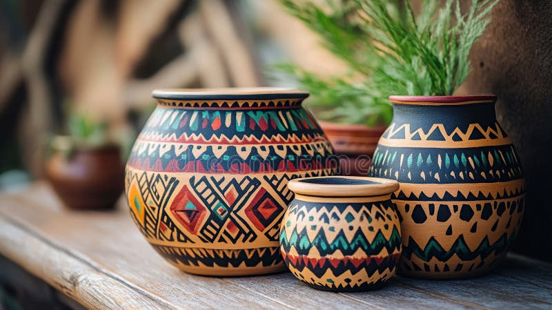Three Hand-painted Ceramic Pots with Geometric Patterns on Wooden ...