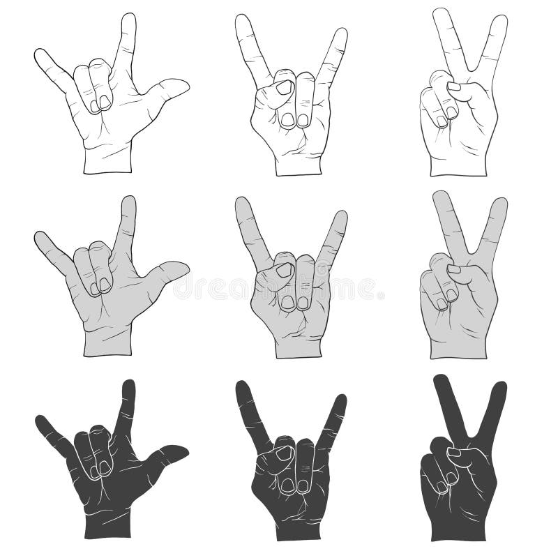 Three Hand Signs Gestures Outline and Filled Stock Vector ...