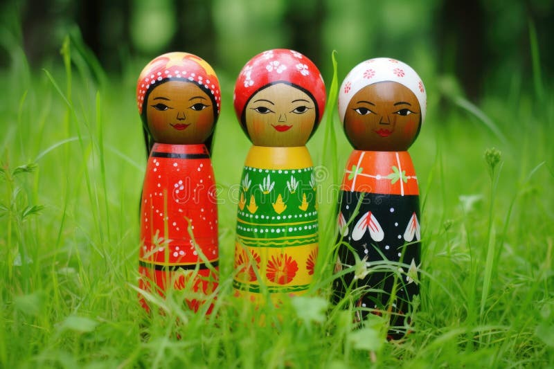 Three Handcrafted Wooden Dolls on a Vibrant, Green Grass Stock Photo ...
