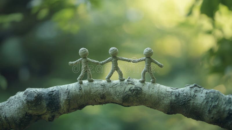 Three Handmade Figures Holding Hands on a Tree Branch Stock ...