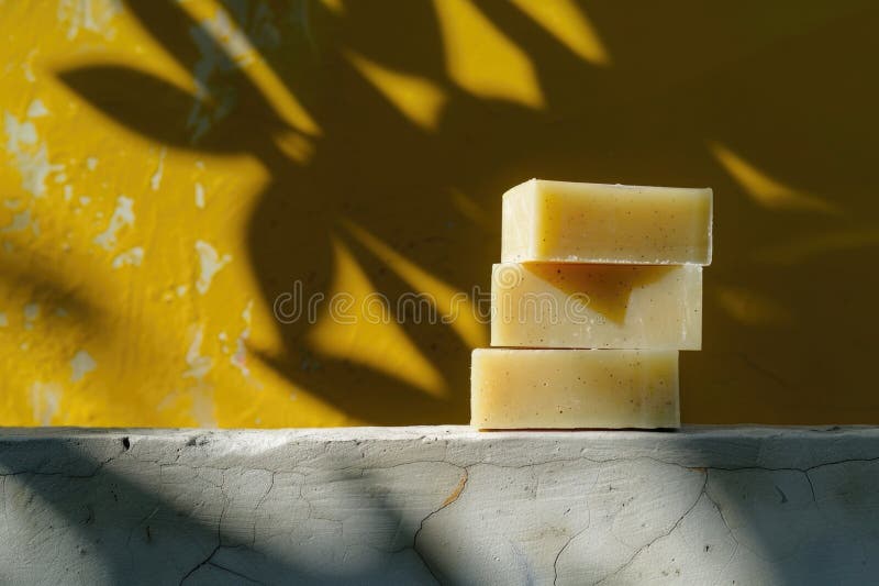 Stacked Homemade Soap Bars with Shadow Play Against a Yellow Grunge ...