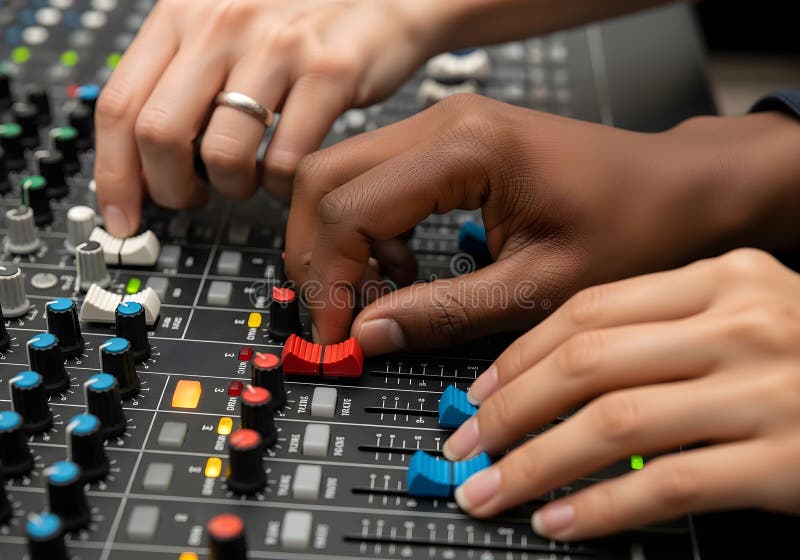 Three Hands Adjusting Different Knobs on Audio Mixer Representing Synchronized Teamwork ...